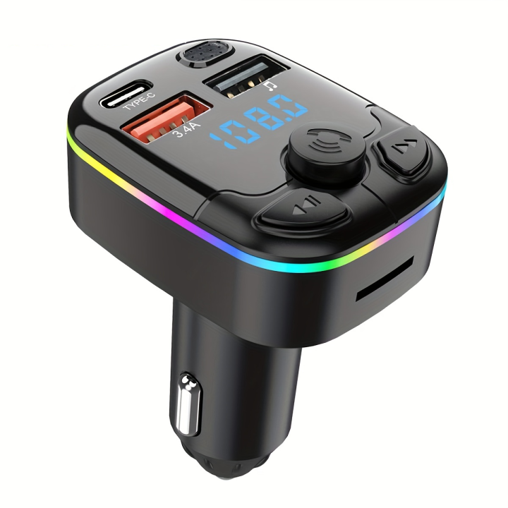 1pc Bluetooth 5.0 Car FM Transmitter PD Type-C Dual USB Ambient Player ...