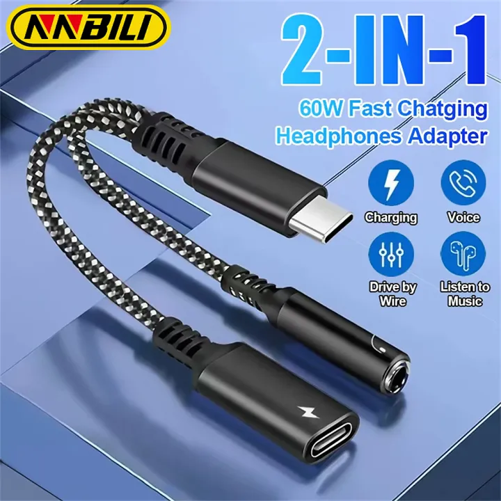 NNBILI 2in1 USBC To 3.5mm Headphone Jack Type C PD 60W Charge Audio Aux ...