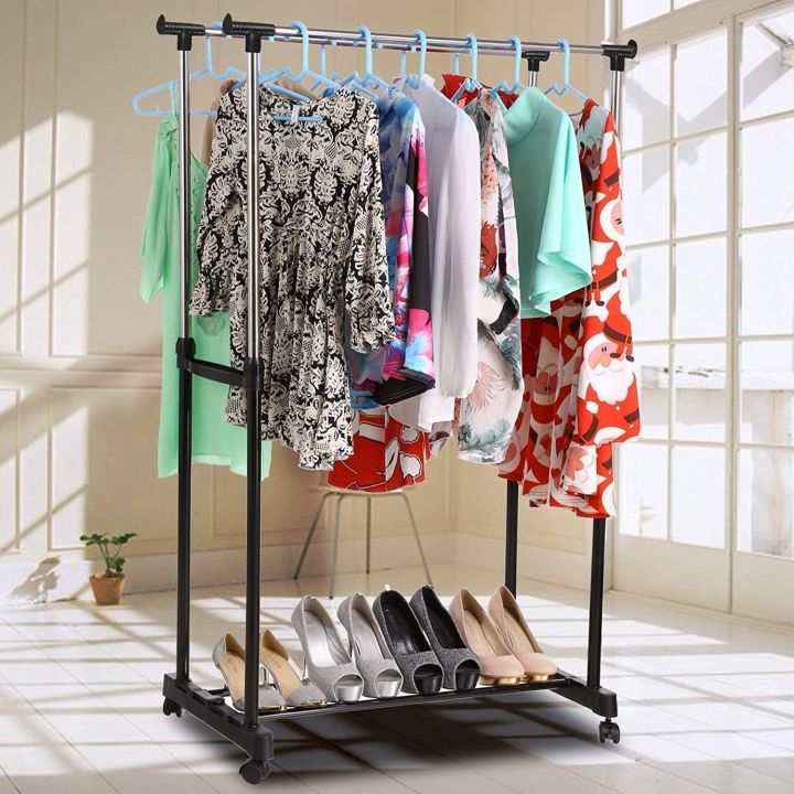 Stainless Steel Premium Double-Pole Clothes Hanger/Rack, Rolling Bar ...
