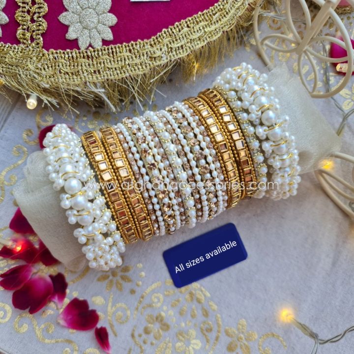 Bangles for girls | Stylish Traditional Gajra Pearl Kundan Bangle Set ...