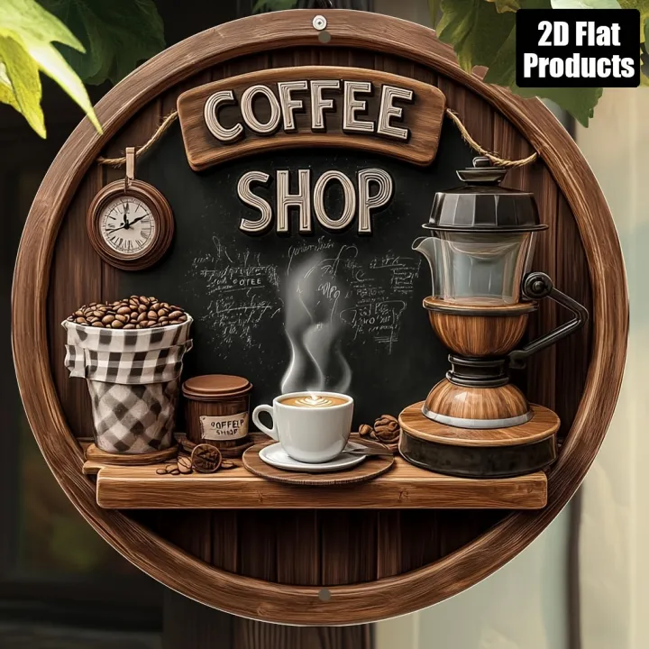 2D Flat - Vintage Coffee Shop Metal Sign - 8x8 Inch Round Aluminum Wall ...