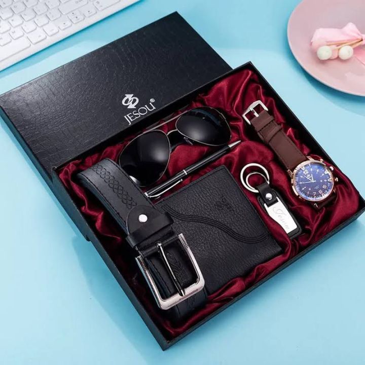 Men gift set luxury watch sunglasses wallet pen key ring Belt 6pcs gift ...