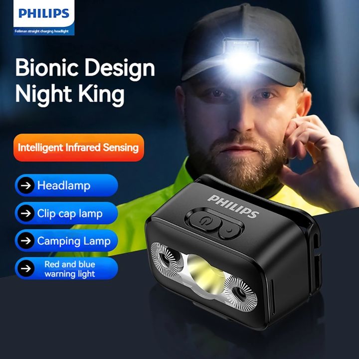 PHILIPS LED Headlamp Sensor Head Flashlight Ten Types of Lighting Type-C Rechargeable Headlight ...