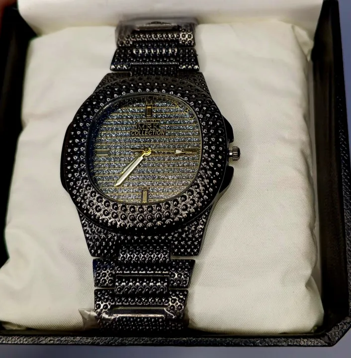 “Trendy Luxury Men’s Watch – Black Stone Studded Premium Wrist Watch ...