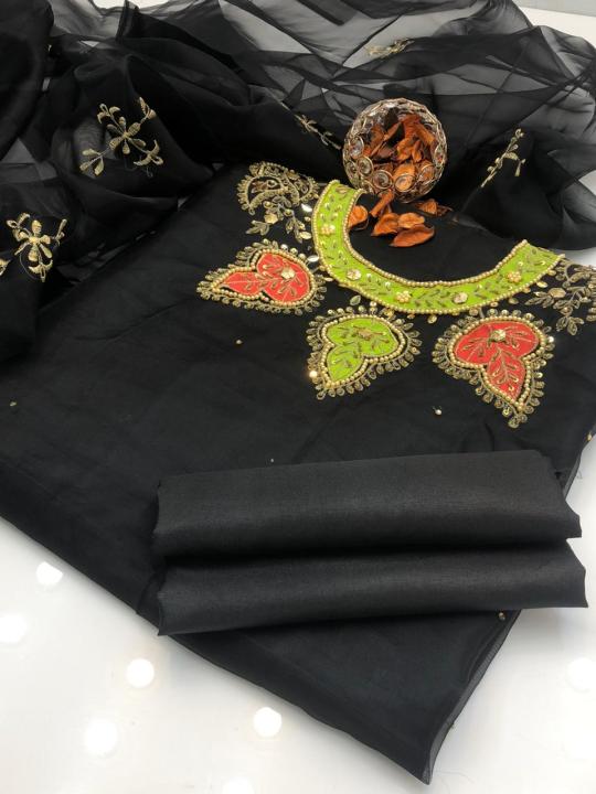 03 Pcs Dress Stuff Organza Handmade + Aari Zari beeds and gota work ...