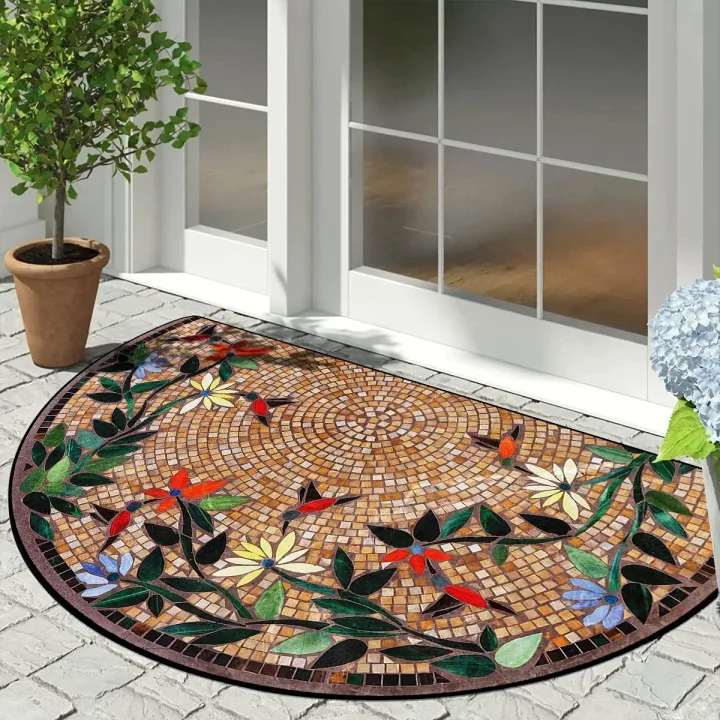 VIKAMA Semi-Circular Mosaic Non-Slip Floor Mat Vintage Floral Geometric ...