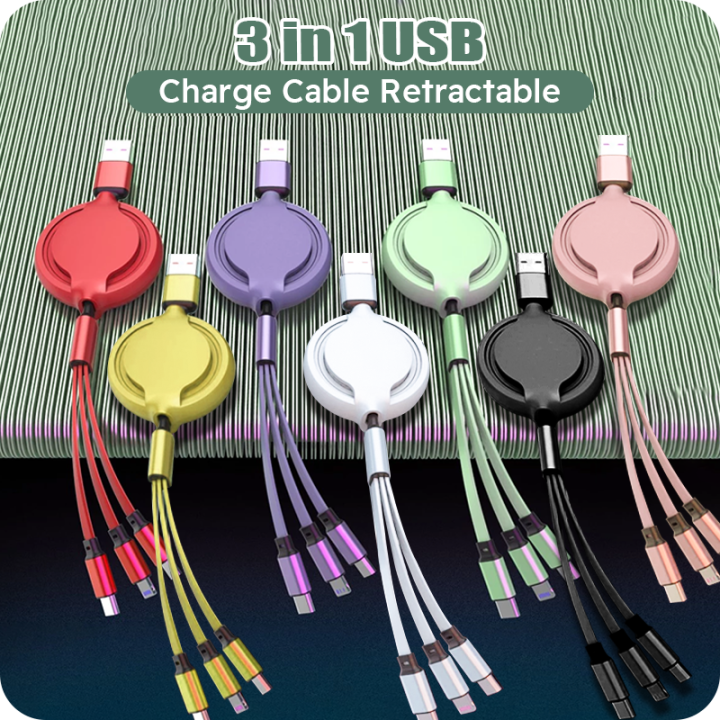 3 In 1 USB Cable Retractable Data Cord For Iphone Multi Port Multiple ...