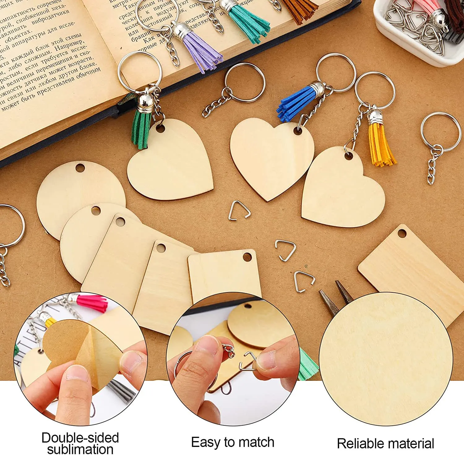 96/160PCS Unfinished Wooden Keychains Blank Sublimate Keychain Key Ring ...