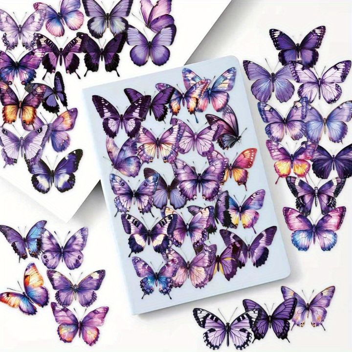 50pcs Purple Butterfly Stickers Reusable Self-Adhesive Decals Water ...