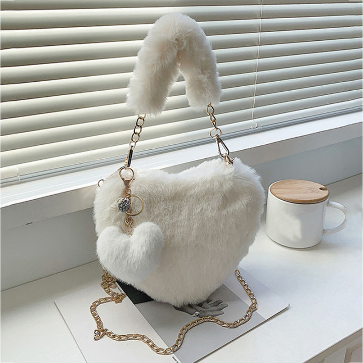 Faux Fur Heart-shaped Women Small Handbags Fluffy Plush Ladies Chain ...