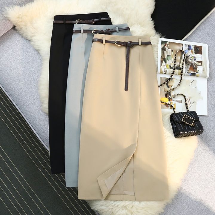 Seoulish Solid Color Front Split Women's Skirts 2024 Spring Summer New High Waist Vintage Office ...