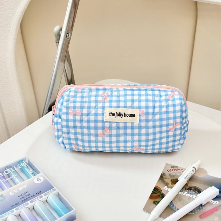 Korean Aesthetic Plaid Bow Pencil Case - Cute Grid Makeup Bag, Large ...