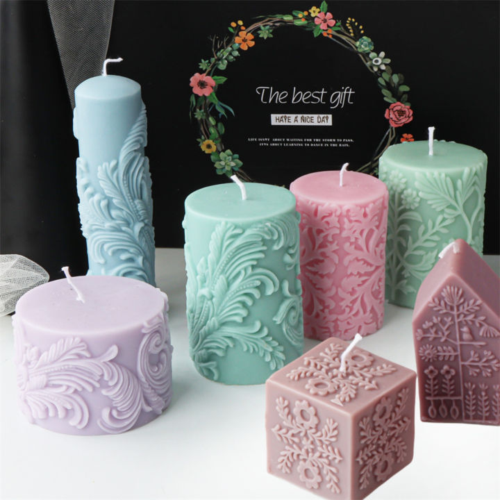 Totem Pattern Pillar Silicone Candle Mold Relief Flower Leaves Cube ...