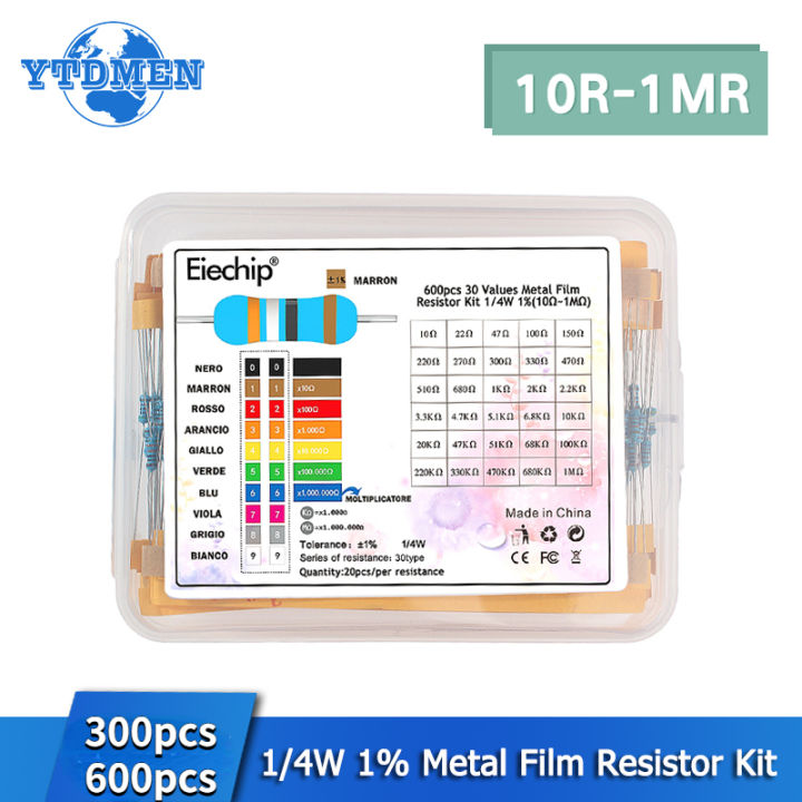 300/600PCS 30 Kinds 1/4W Resistance 1% Metal Film Resistor Kit with Box 1K 10K 100K 220ohm 1M ...