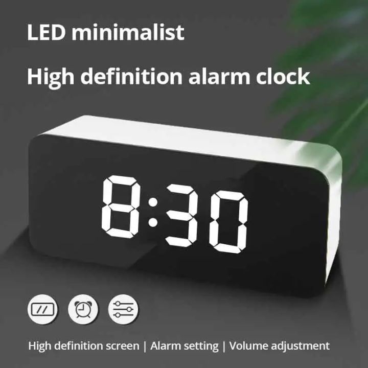 1Pc White LED Mirror Table Clock Snooze Display Time Night Light ...