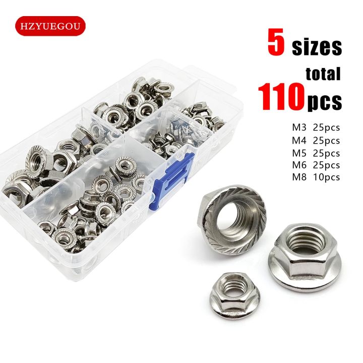 110pcs/Box DIN6923 Flange Nut Hex Hexagon Serrated Spinlock Lock Nut Set Mix Size M3 M4 M5 M6 M8 ...