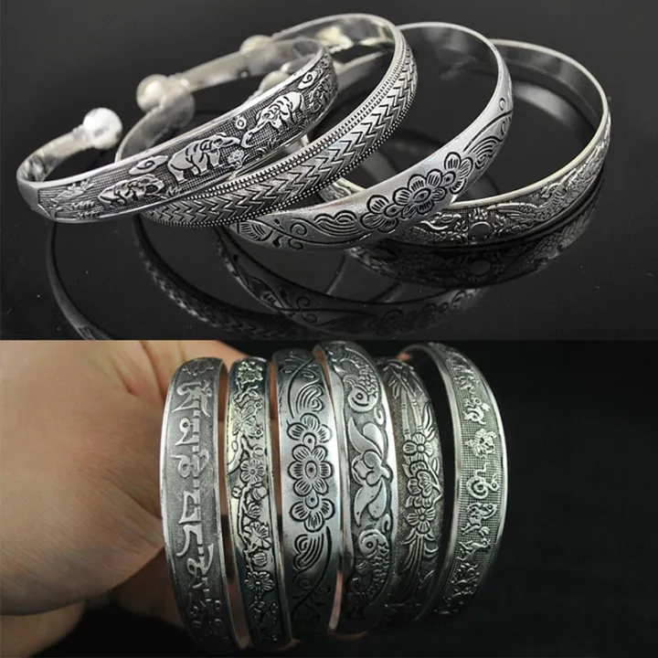 Vintage Cuff Bracelet Tibetan Silver Plated Carved Flower Geometric ...