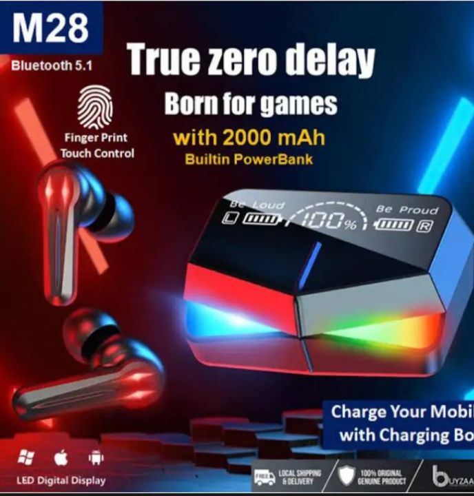 M28 Tws bluetooth wireless headphones with 2000 mha fast power bank and led display touch ...
