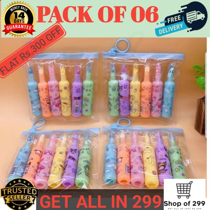 PACK OF 06 BOTTLE SHAPED KROMI CHARACTER HIGHLIGHTER FOR GIRLS AND BOYS ...