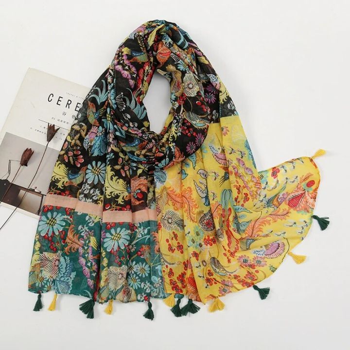 Vintage Print Tassel Scarf Fashion Floral Long Shawls Elegant Cotton ...