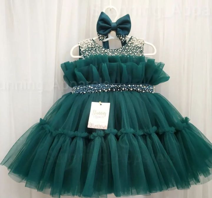 C green colour fancy embroided with pearls ,beads and cut moti,frock ...