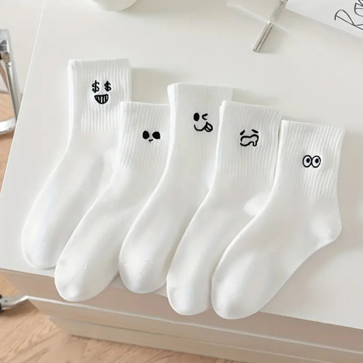 5 Pairs Women's Cartoon Socks Round Neck Mid Tube Fashionable Cute ...