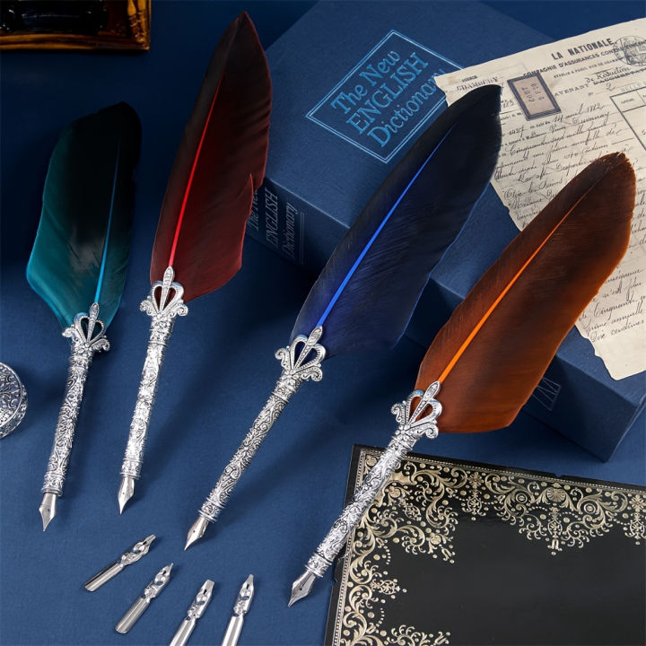 1 Set European Vintage Quill Pen with 5 Nib Tips, Metal Calligraphy Dip ...
