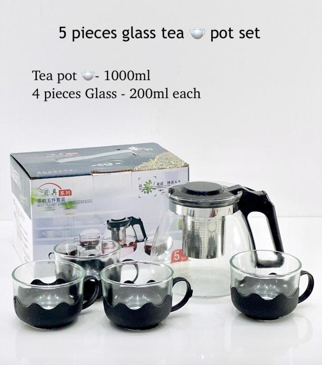 5 Pieces Glass Tea Pot Set - 1000ml Tea Pot with 4 Pieces Glasses ...