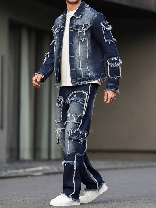 Men's spring and autumn denim suit, multi - pocket design, wide ...