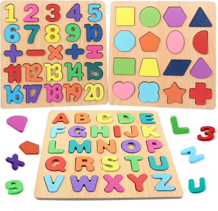 Wooden ABC Alphabet Number Shape Puzzles Toddler Learning Toys for Kids ...