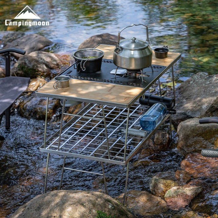 CAMPINGMOON CK-P25 Stainless Steel Folding Table Middle Board Bamboo ...