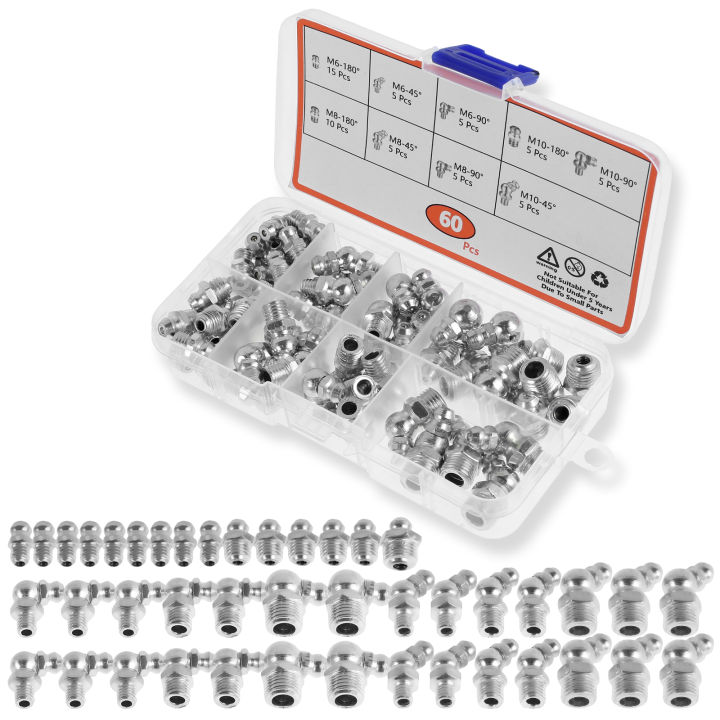 60/120Pcs Metric Grease Fitting Kit 9 Type Galvanized Metal Hydraulic ...