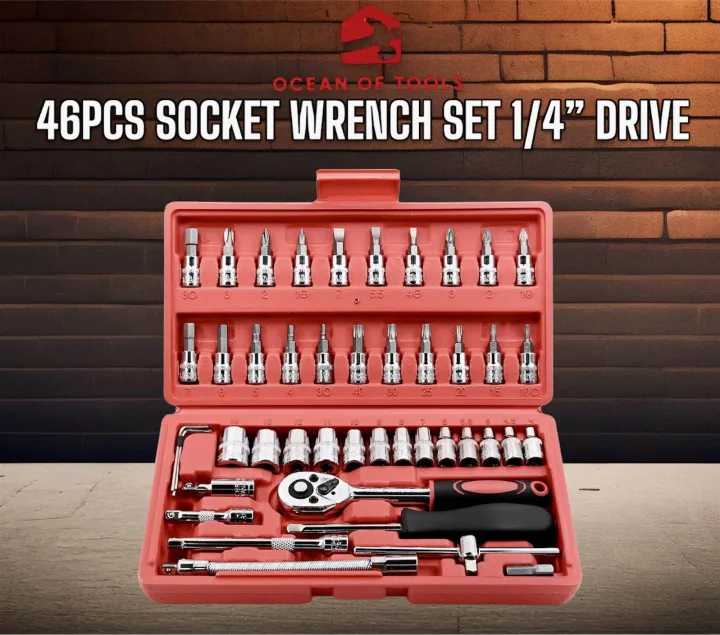 46 pcs Socket Wrench Set 1/4"Drive Metric Mechanic Tools Kit Bit ...