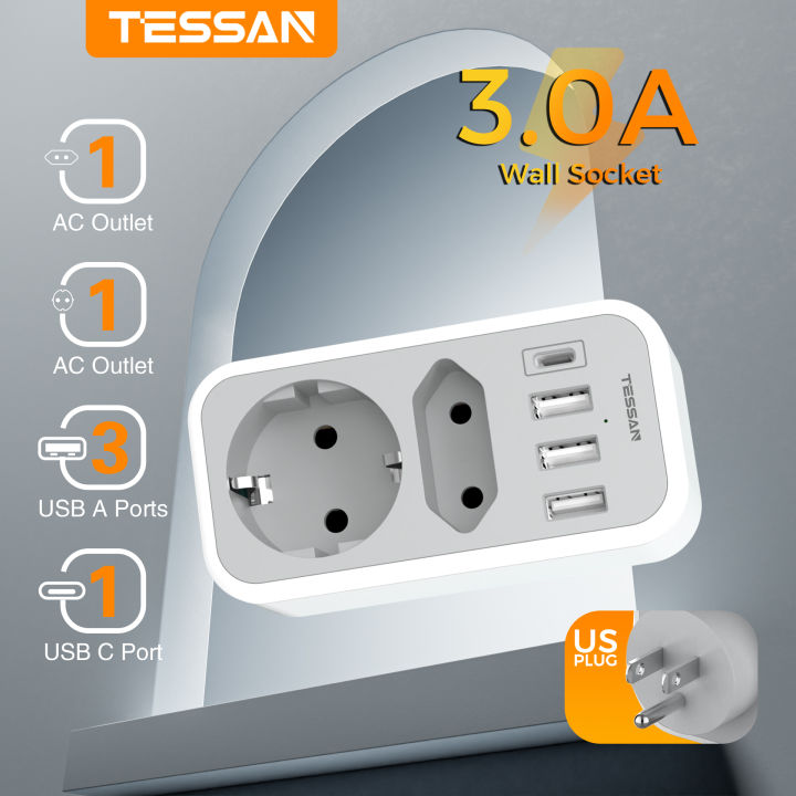 TESSAN EU to US Travel Aadapter with 2 Outlets 3 USB 1 USB C Socket ...