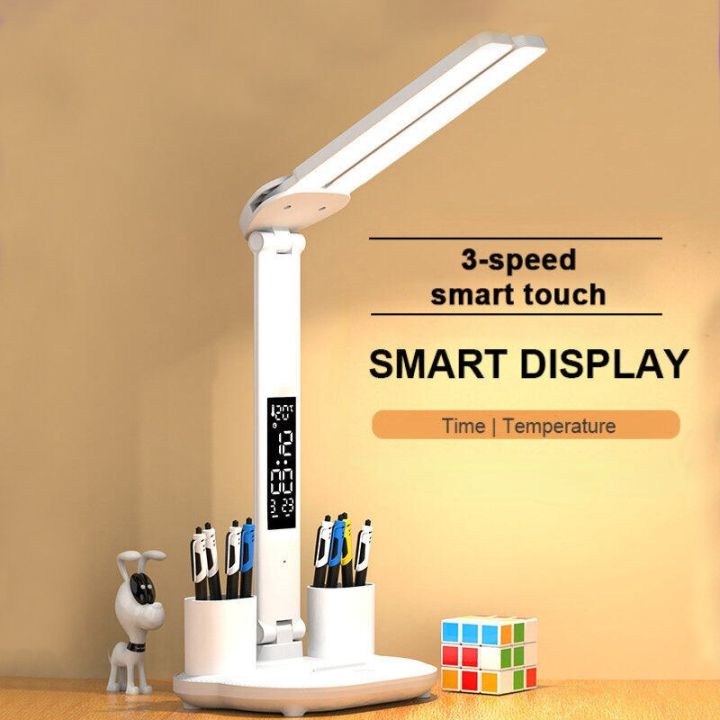 LED Clock Table Lamp USB Chargeable Dimmable Desk Lamps 2 Heads 180 ...