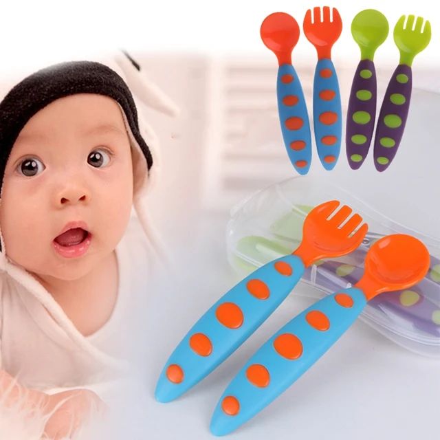 2Pcs Non Slip Grip Handle Feeding Spoon Baby Spoon Fork Set Children ...