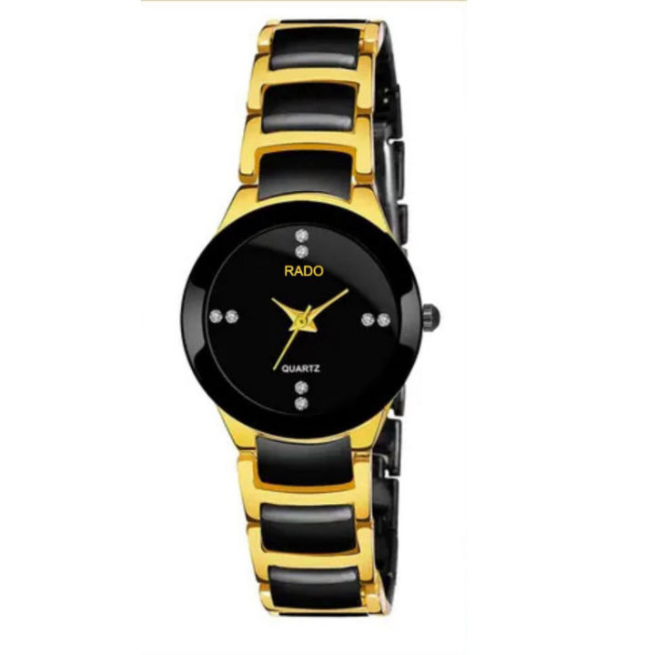 RADO Luxury Ladies Watch Analog Stainless Steel Black & Gold Chain ...