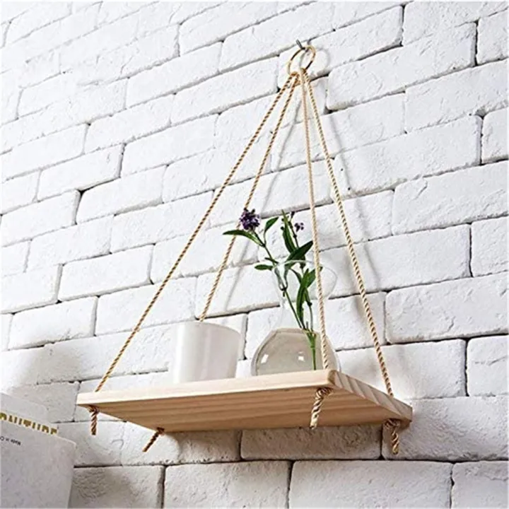 Premium Wood Swing Hanging Rope Wall Mounted Floating Shelves – Plant ...