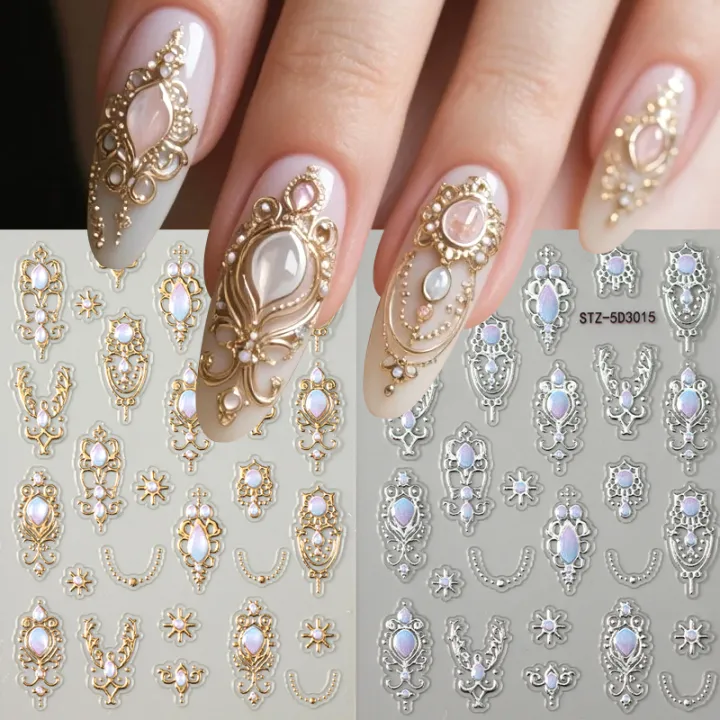 Luxury Golden Silvery Baroque Style Nail Embossed Stickers Y2K Metallic ...