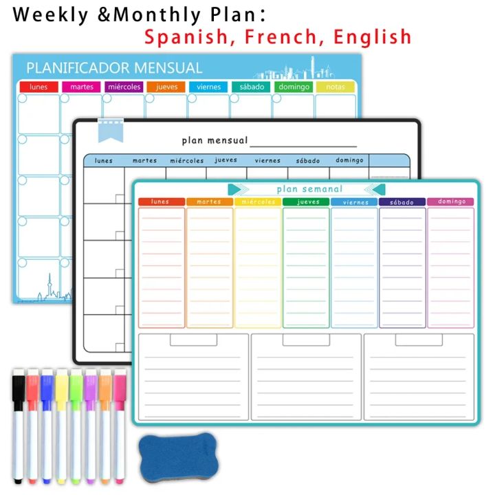 A3 Size Magnetic Weekly &monthly Planner：Spanish, French, English.Dry ...