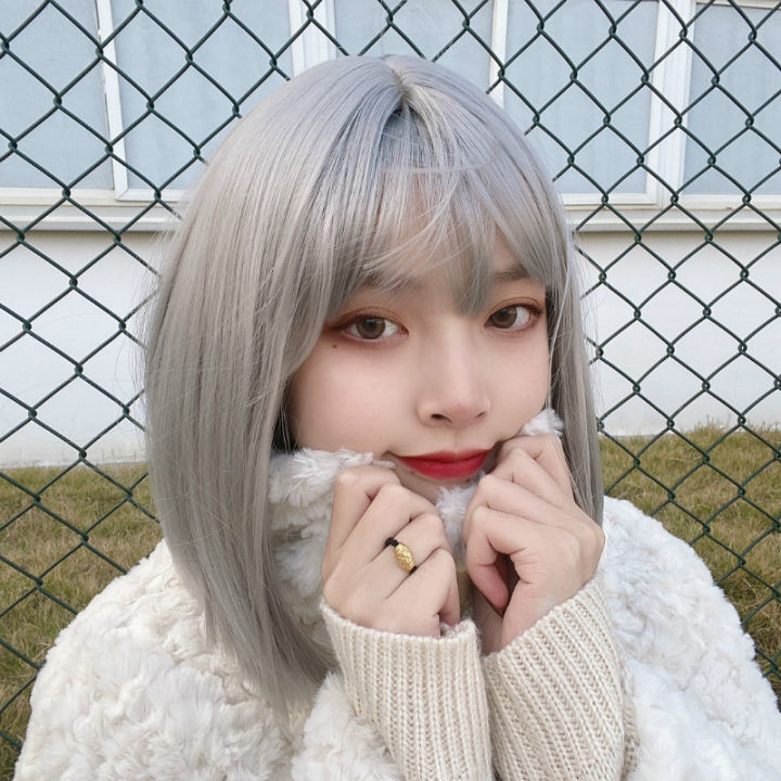 Female group style wig Female short straight hair comic fringe Silver ...