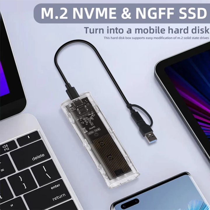 M.2 NVME PCIe NGFF SATA Dual Protocol SSD Case Clear USB Type C 10Gbps PCI-E M2 SSD Transparent ...