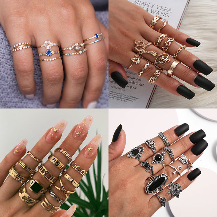 Vintage Knuckle Ring Sets For Women Boho Crystal Stone Geometric Figure ...