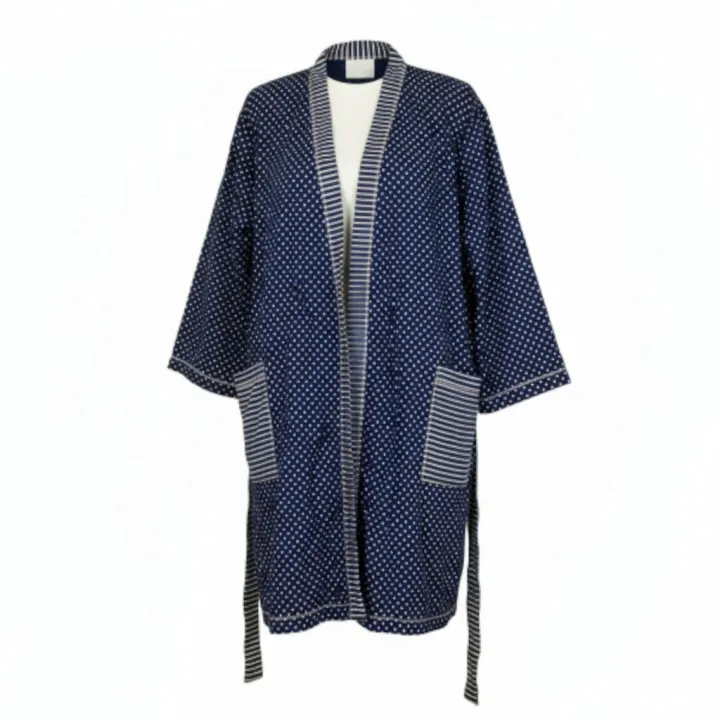Women's Navy Blue Polka Dot Cotton Lounge Robe / Kimono with Striped ...