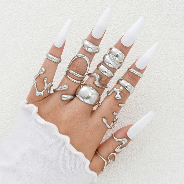 15Pcs Punk Smooth Geometric Open Rings Set For Women Exaggerated Irregular Silver Color Thick ...