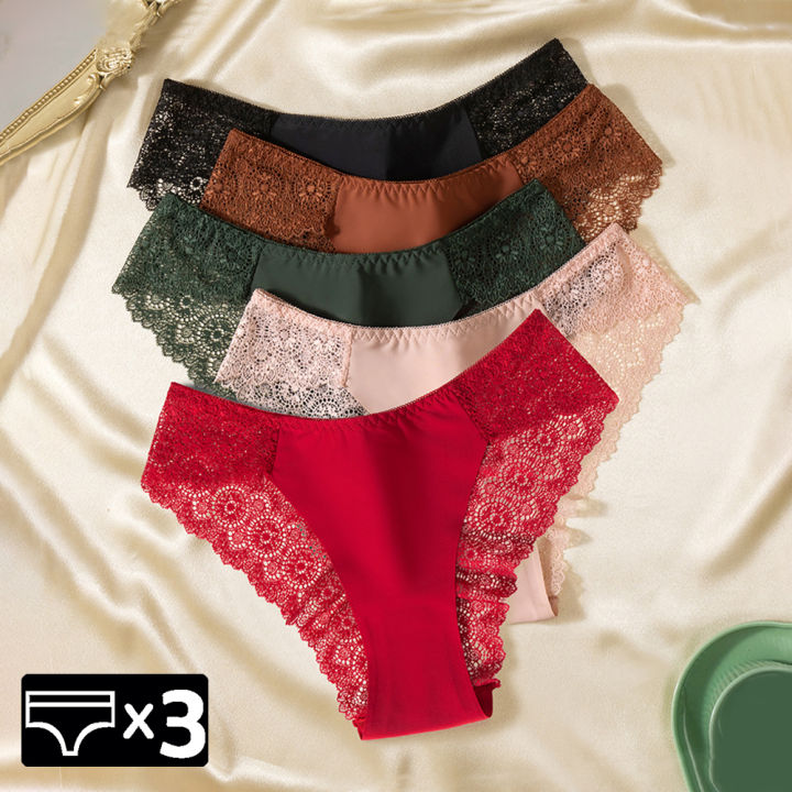 WarmSteps 3Pcs/Set Women's Lace Panties Briefs Solid Ice Silk Lingerie ...