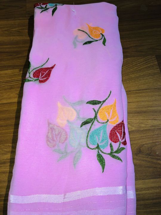 Chiffon Saree Dhago Kadhai Light Pink Colour | Daraz.com.np