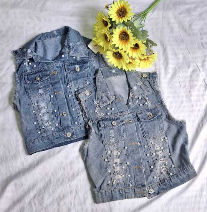 Denim Half Jacket With Pearl Work | Daraz.com.np