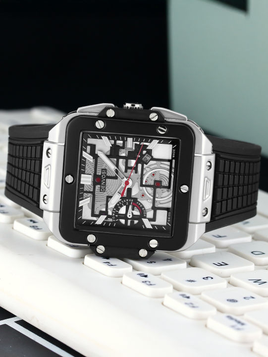 DENVOSI Square Hollow Mechanical Style Watch with Silicone Strap Trendy ...