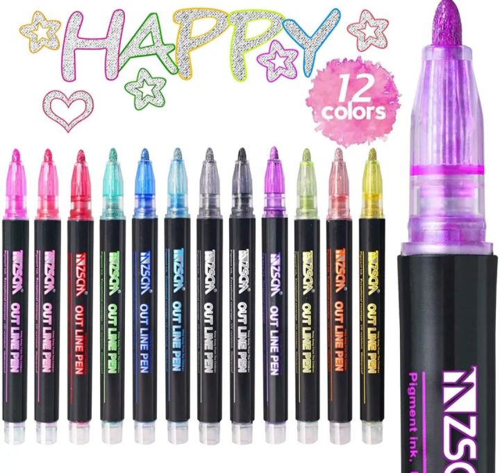 Colors Outline Metallic Markers Pens, Double Line Pen, Magic Glitter ...